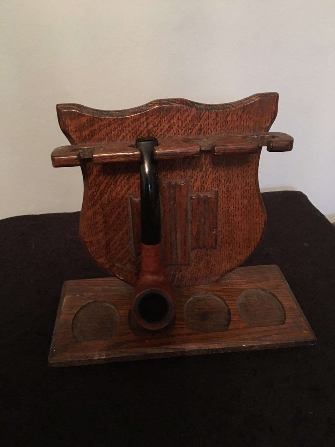 Vintage Tallent Hand Carved Wooden Pipe Stand With Shield Decoration ...