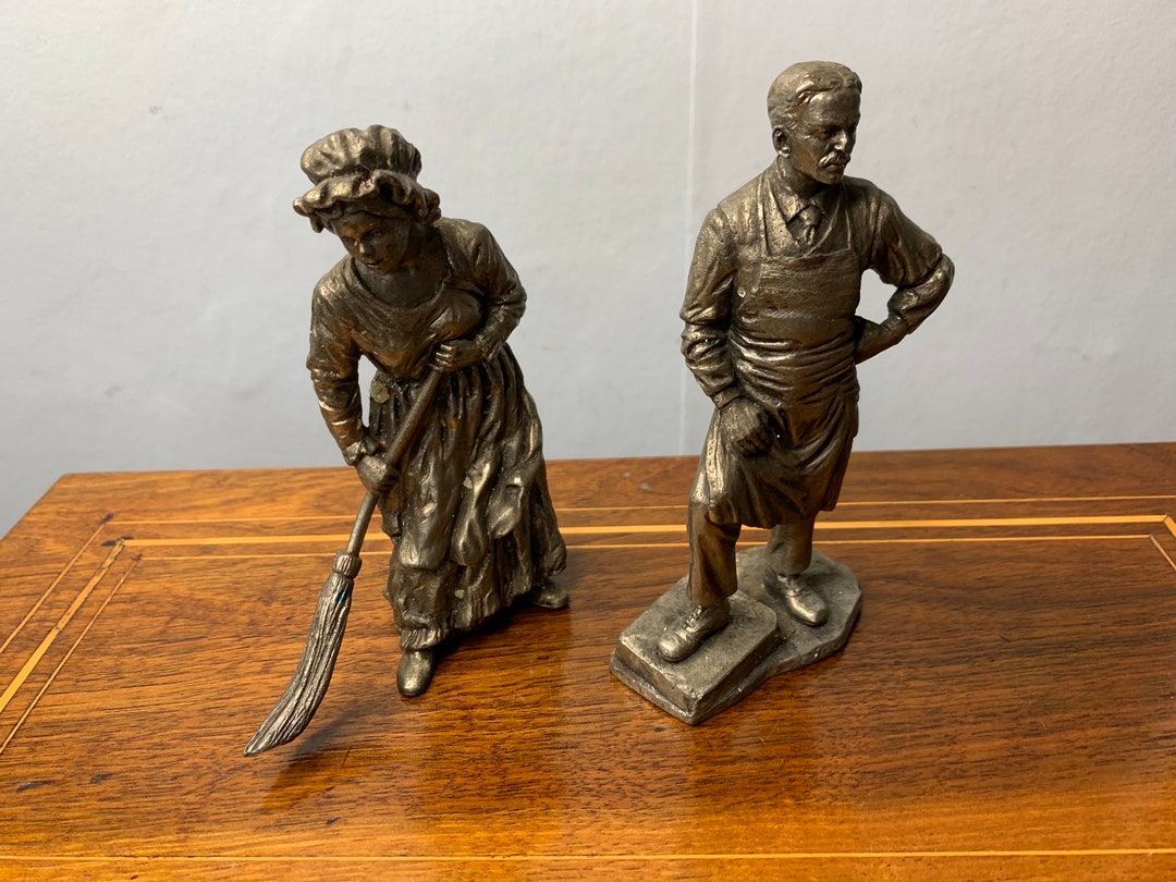 Vintage Solid Pewter Shopkeeper and Sweeping Maid by American Sculpter ...