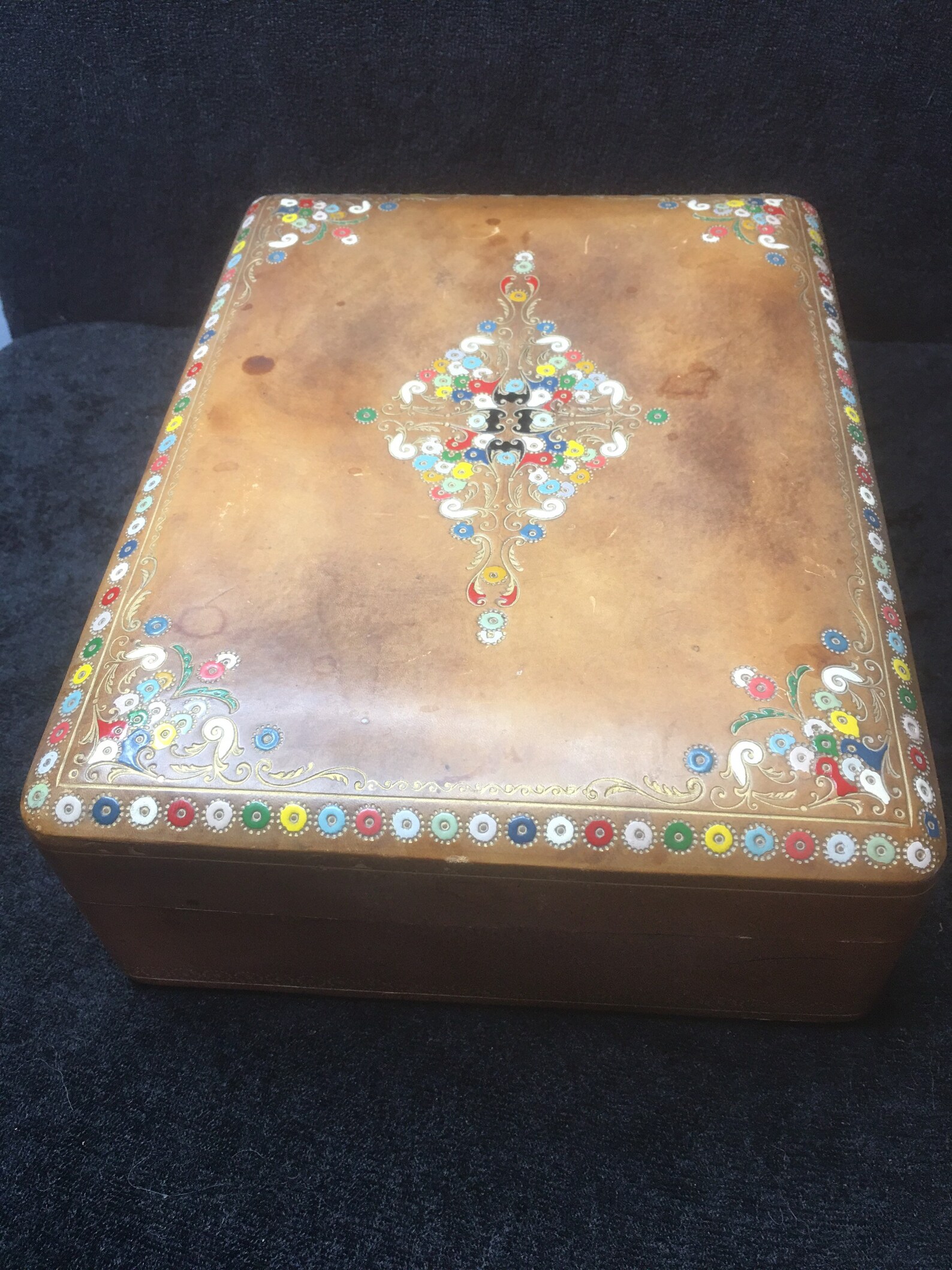 Vintage Soft Leather Covered Wooden Trinket, Jewellery Box With Stamped ...