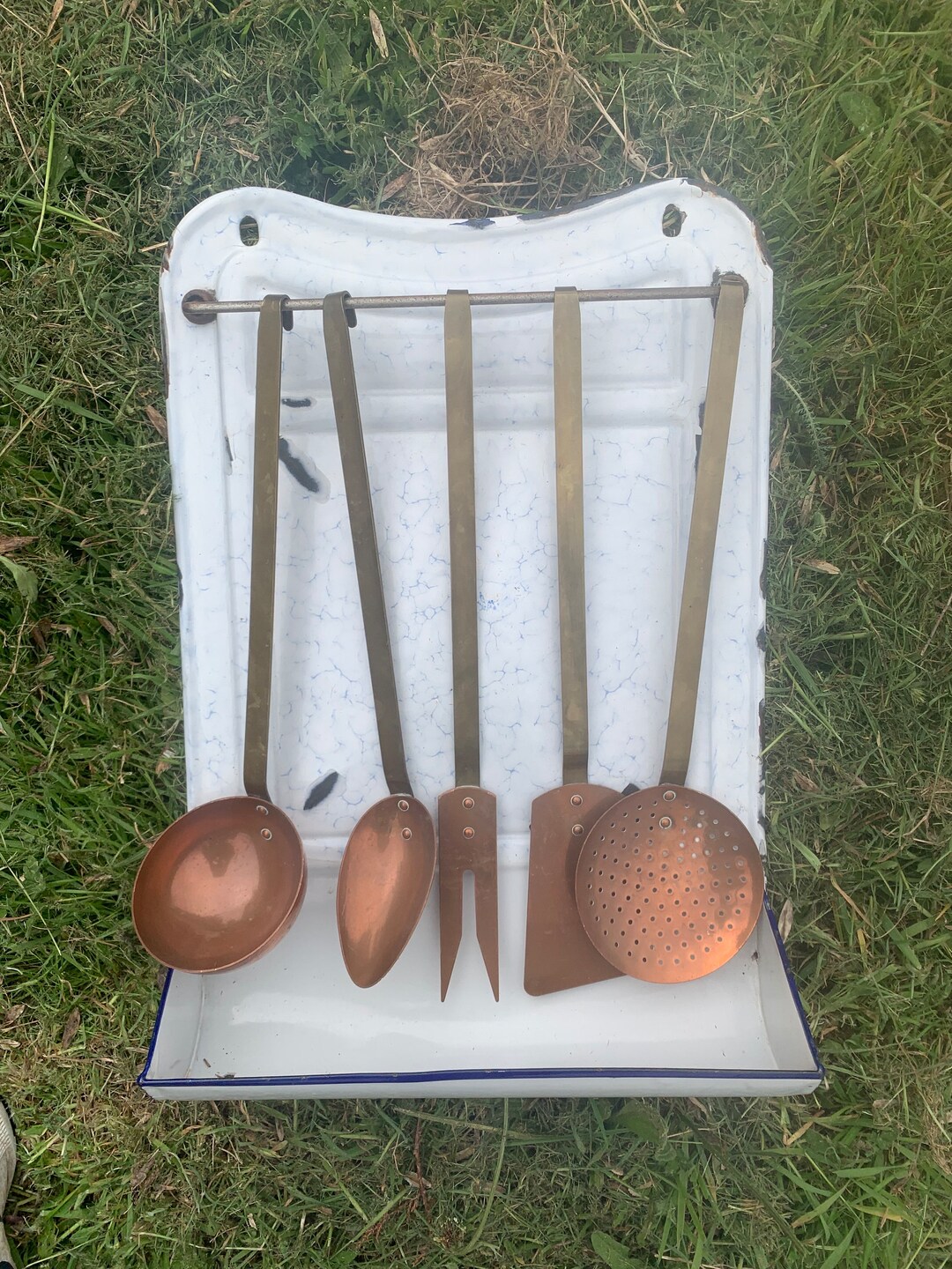 Vintage French Copper Cooking Utensils With Enameled Hanging Rack - Etsy