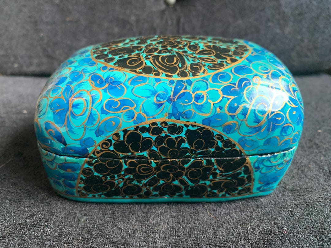 Vintage Kashmir Lacquer Jewellery Box With Hand Painted Leaves and ...