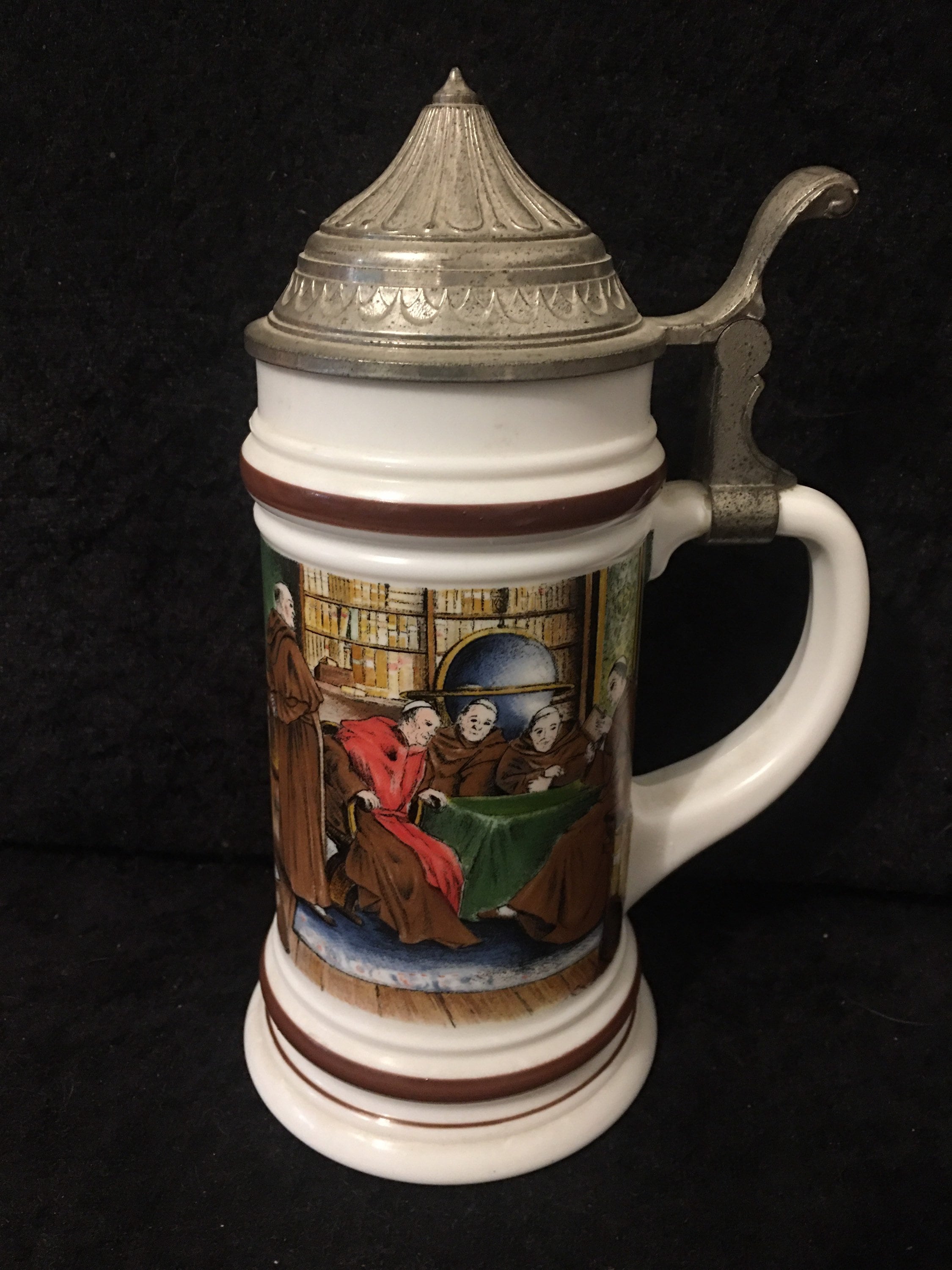 Vintage Beer Stein by BMF Pictures of Monks Pewter and Milk Glass - Etsy