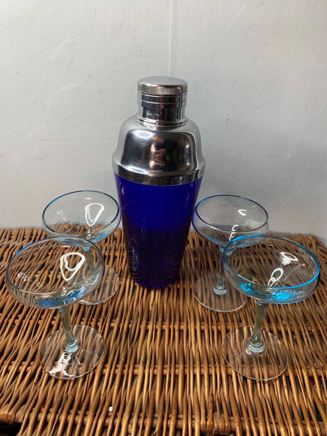 Vintage Cobalt Blue Cocktail Shaker With 4 X Light Blue Cocktail ...