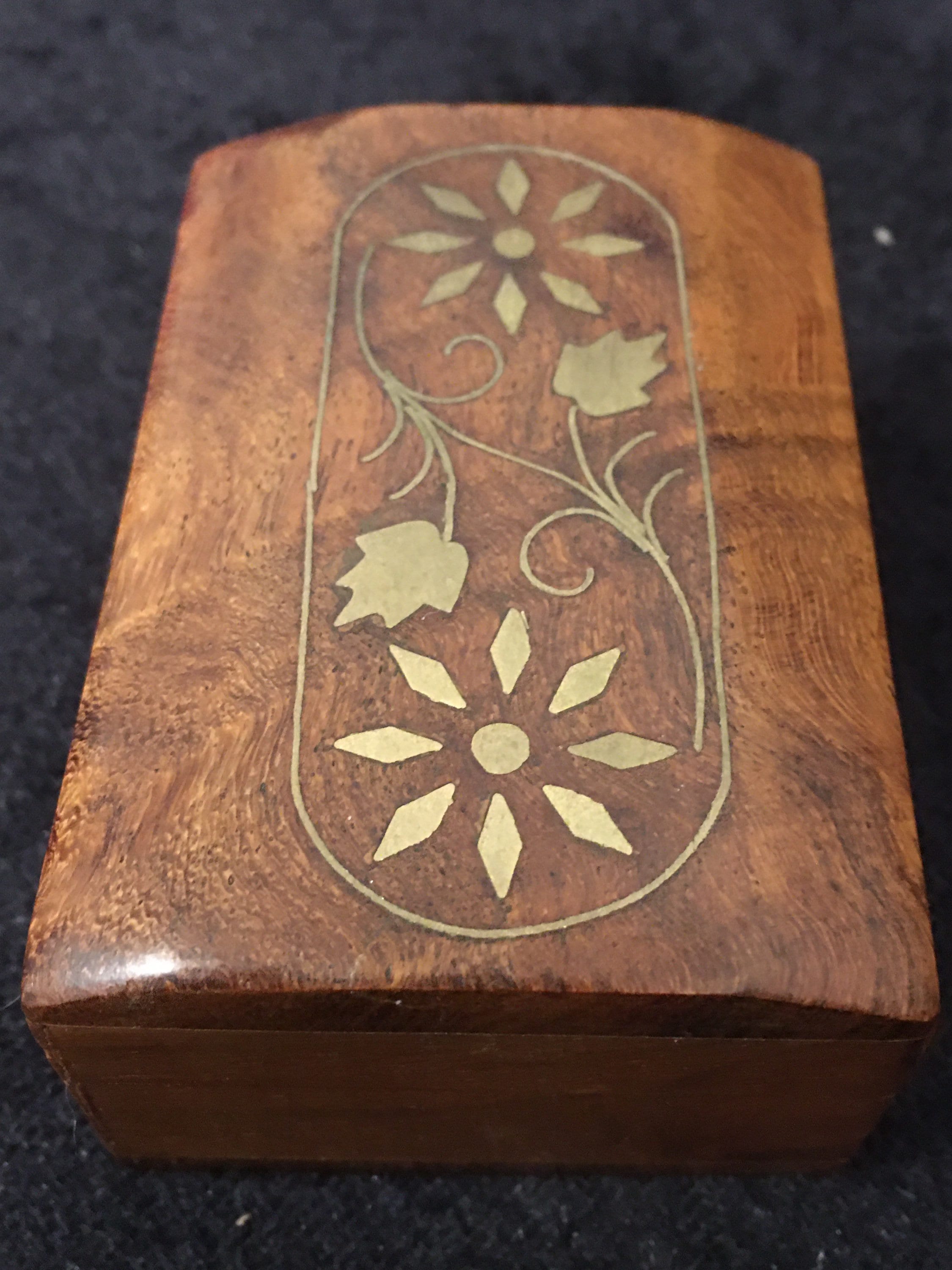 Vintage Wooden pill box / snuff box with brass flower and leaf | Etsy