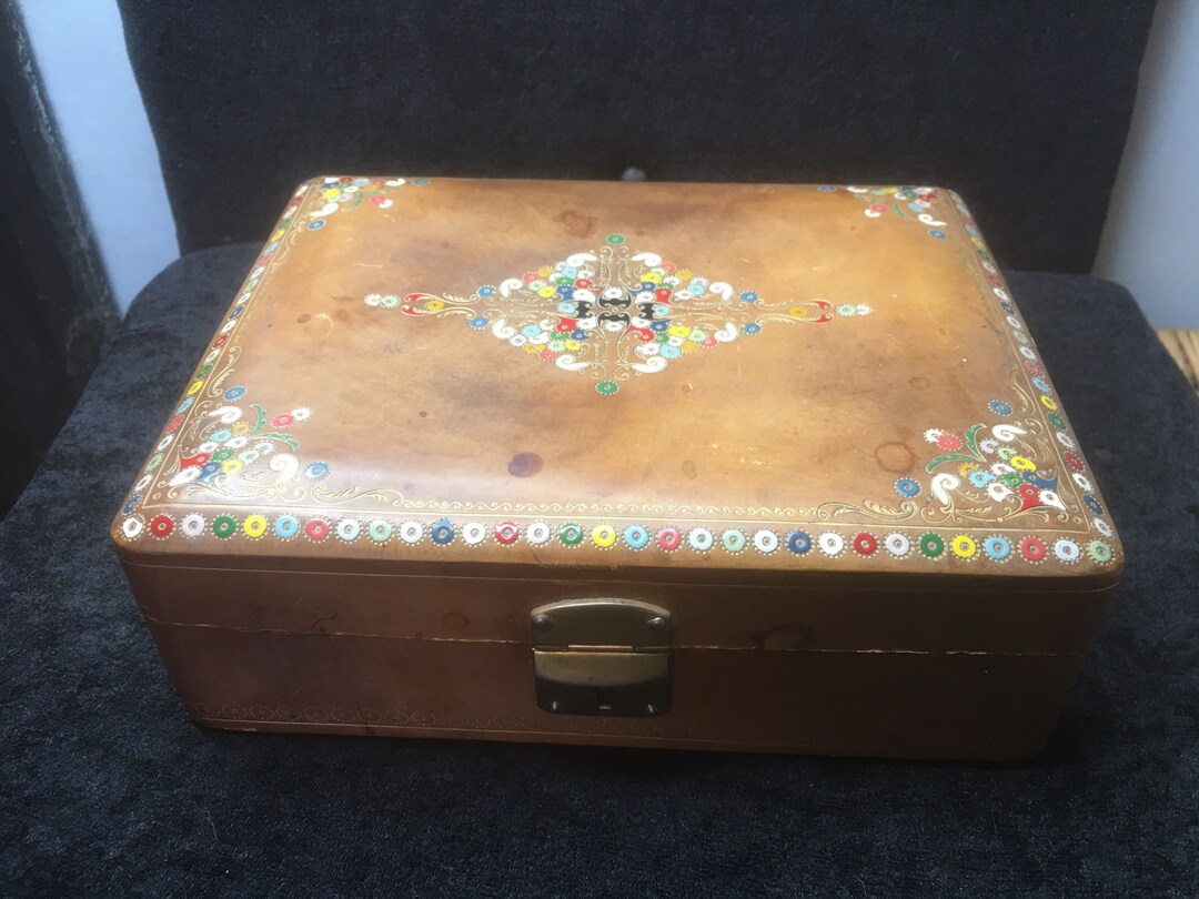 Vintage Soft Leather Covered Wooden Trinket, Jewellery Box With Stamped ...