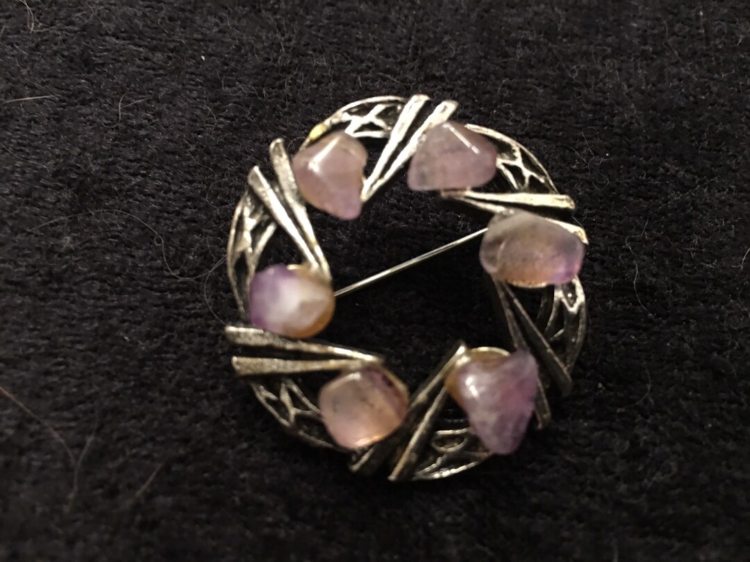 Vintage Pewter Brooch With Semi Precious Stones Amethyst and Celtic ...