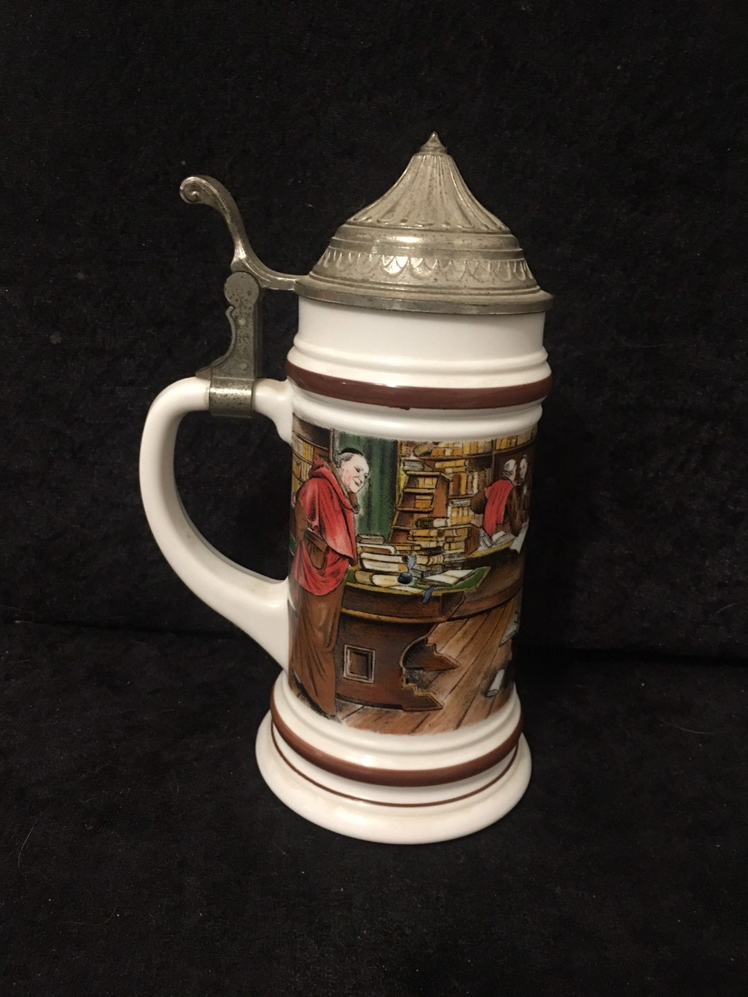 Vintage Beer Stein by BMF Pictures of Monks Pewter and Milk Glass - Etsy