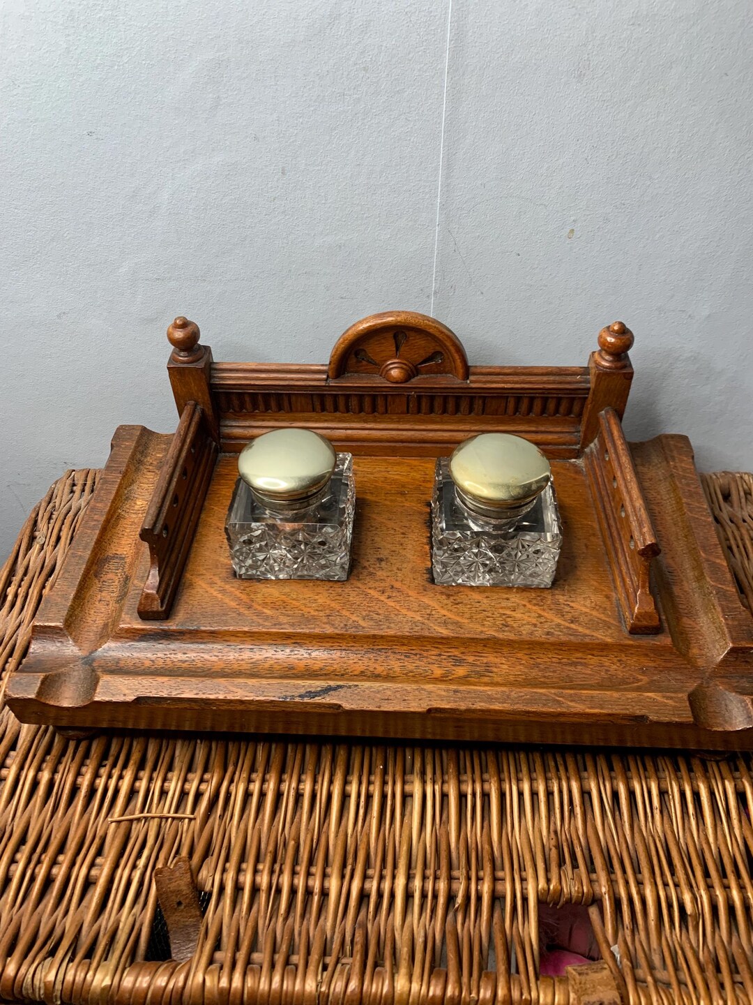 Antique Rare Heavy Glass Inkwells and Wooden Stand - Etsy