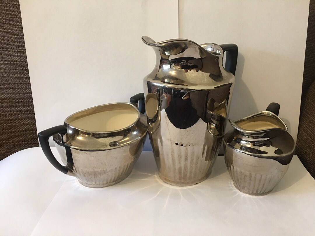 Antique S F and Co Devon Ware Silverine Milk Jug, Sugar Bowl, and Hot ...