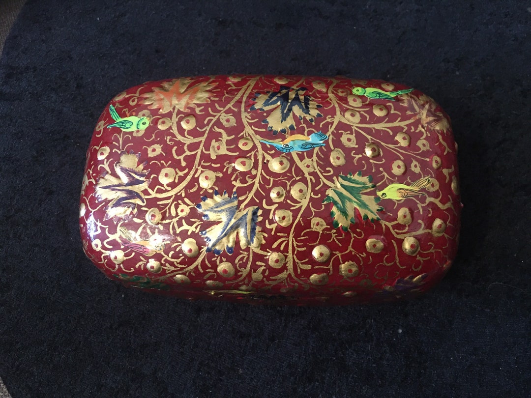 Vintage Kashmir Lacquer Jewellery Box With Hand Painted Birds and Hold ...