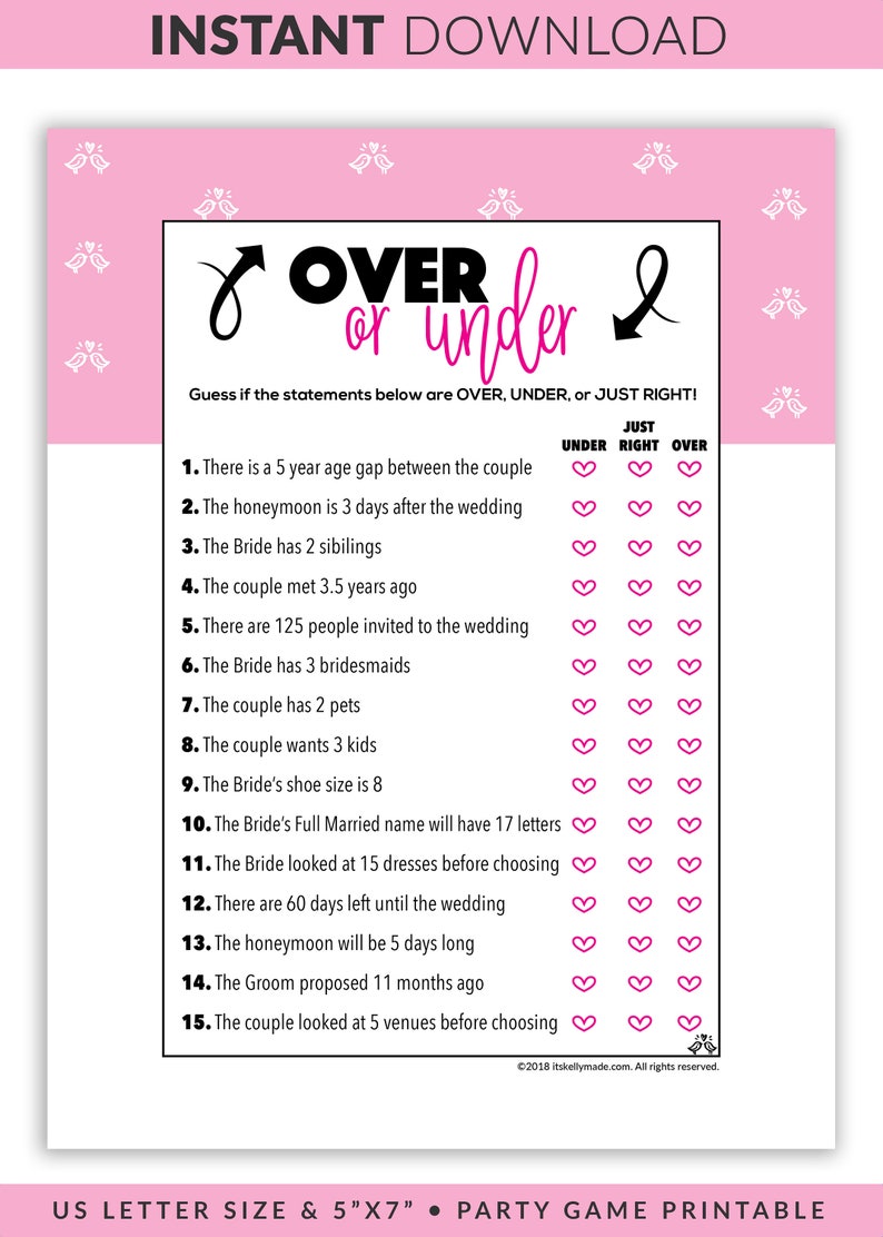Over or Under Quiz Printable Over or Under Game Bridal Shower Game ...