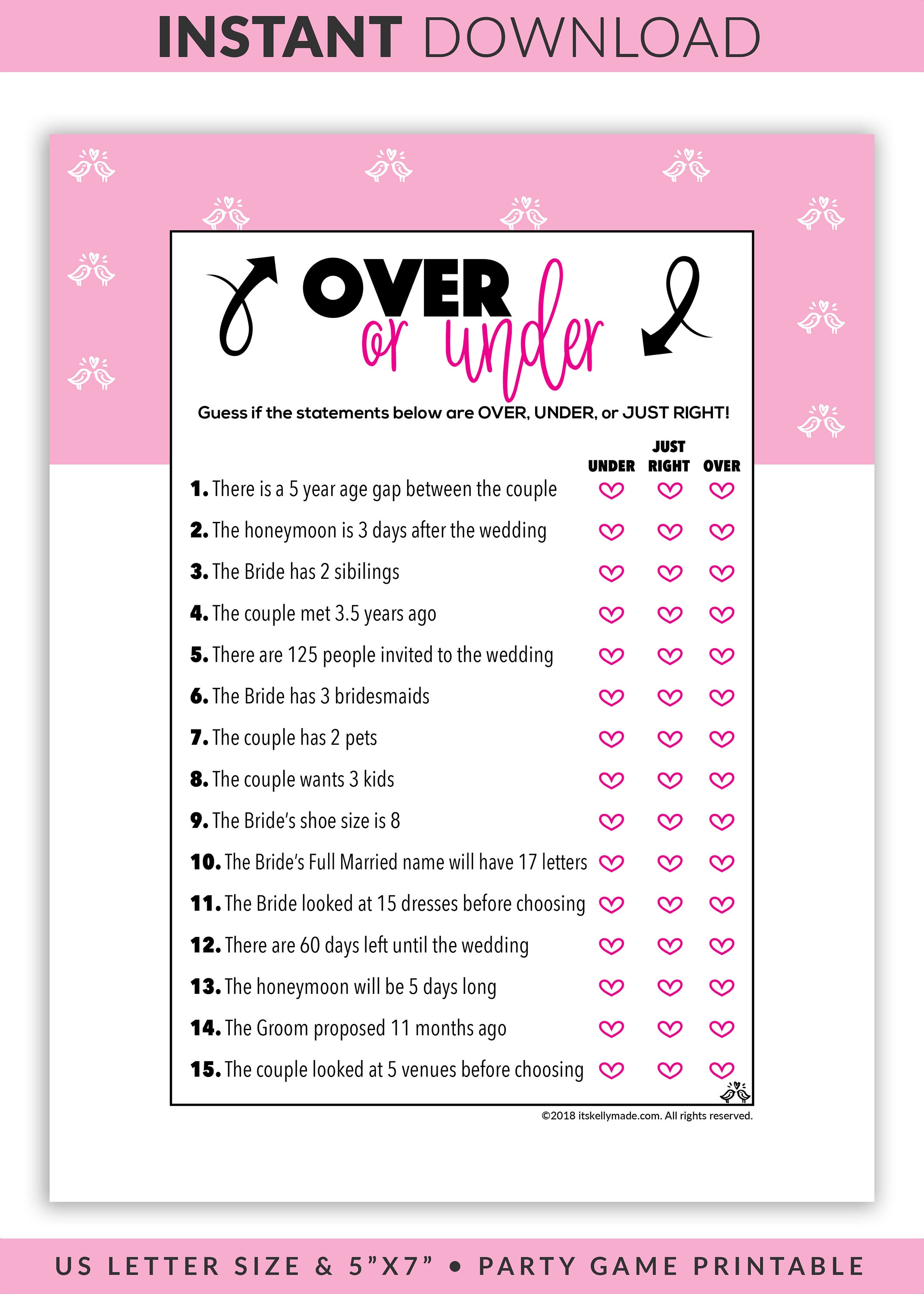 Over or Under Quiz Printable Over or Under Game Bridal - Etsy Ireland