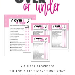 Bridal Shower Game: Over or Under Quiz (PDF Instant Download) - Etsy