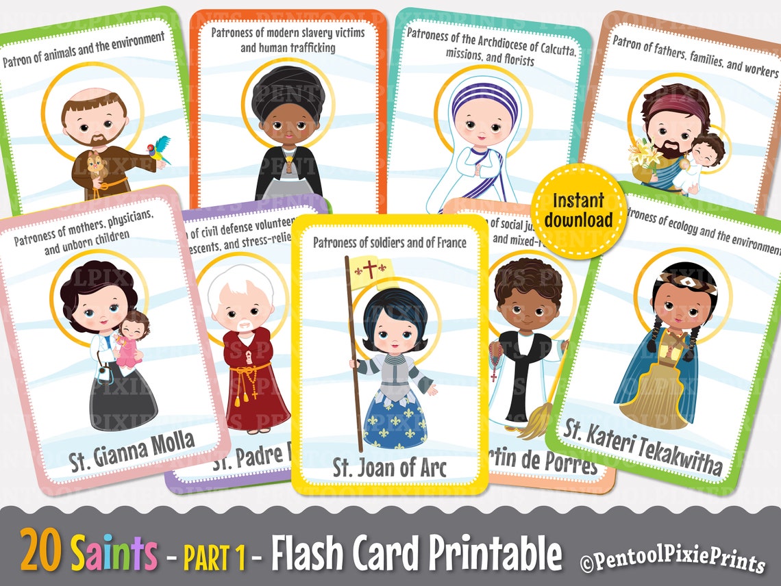 Printable Saints Flash Cards, Catholic Saints Flashcards, Saints ...