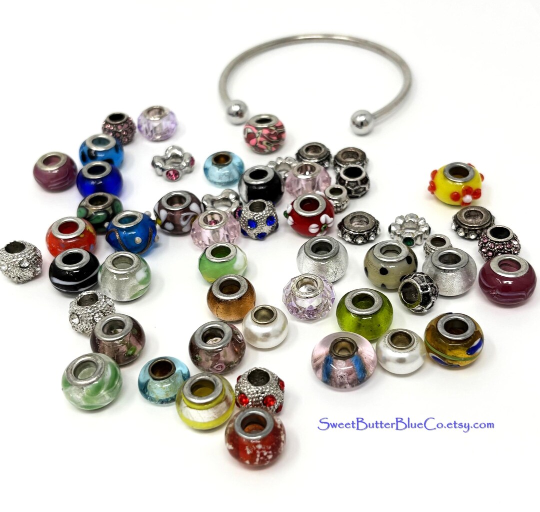 Over 50 European Large Hole Glass Beads and Bracelet, Lampwork, Glitter ...