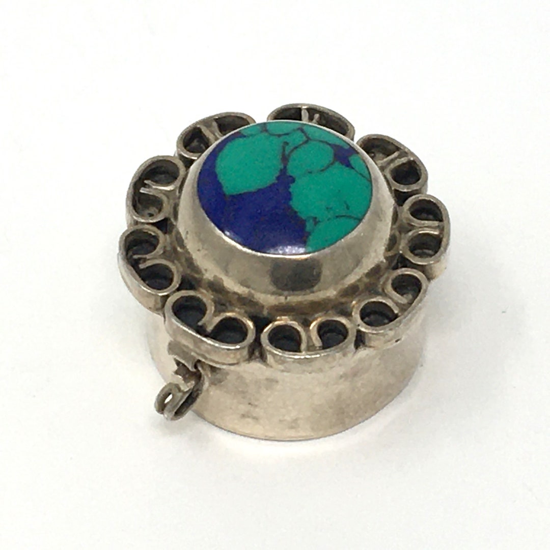 Vintage Taxco Pill Box, Chrysocolla Azurite Set in Silver Pill Case ...