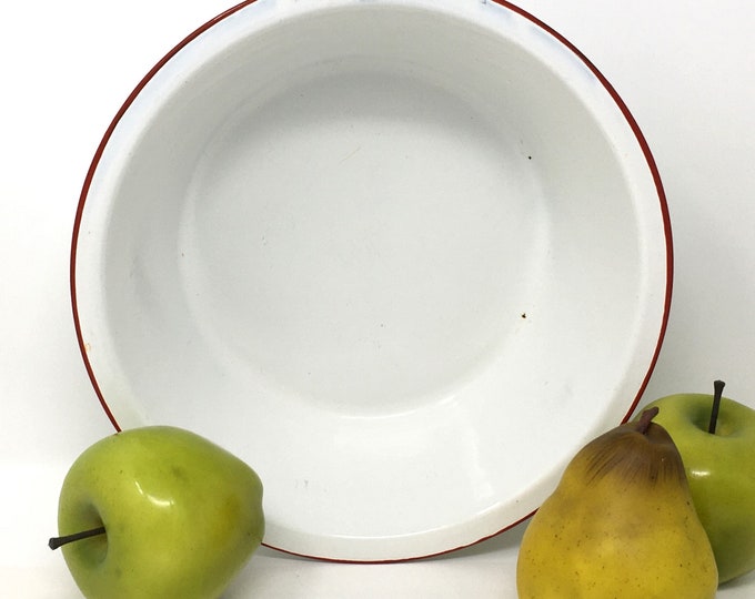 Vintage Enamelware Wash Basin, Red Rim White Farmhouse Enamel Bowl, 10 ...