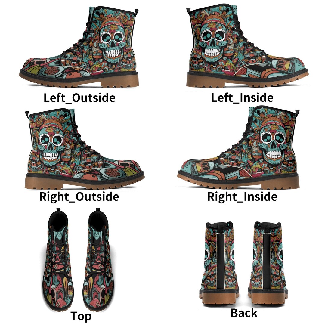 Modern Skull Combat Boots Piksi Design Vegan Leather Artistic Footwear ...