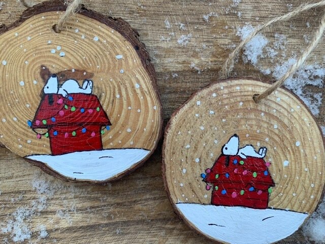 Snoopy Ornament, Wood Slice Ornament, Hand Painted, Rustic - Etsy