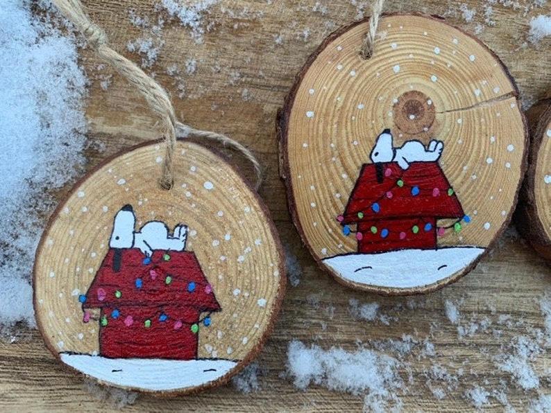 Snoopy Ornament, Wood Slice Ornament, Hand Painted, Rustic - Etsy