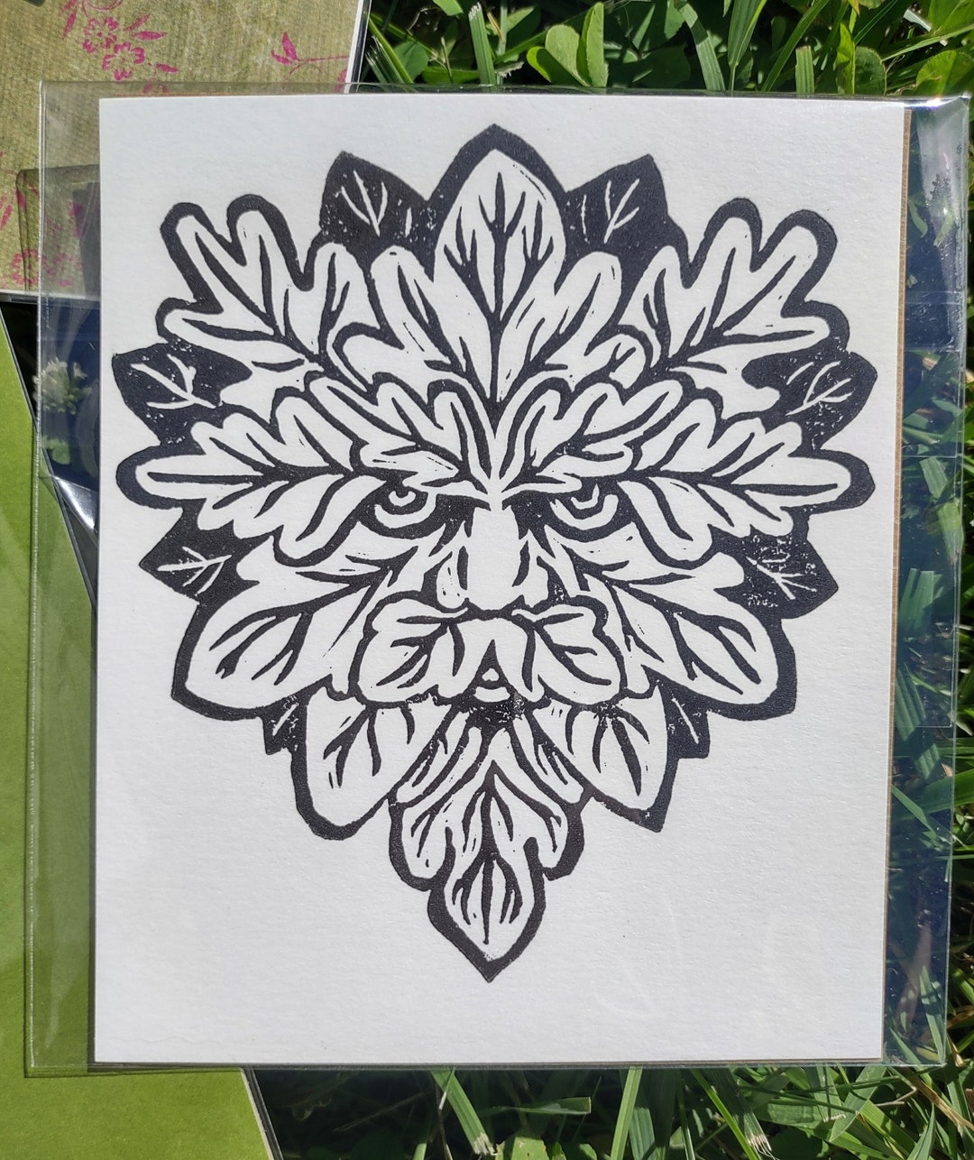 Green Man Linocut Block Print - Etsy