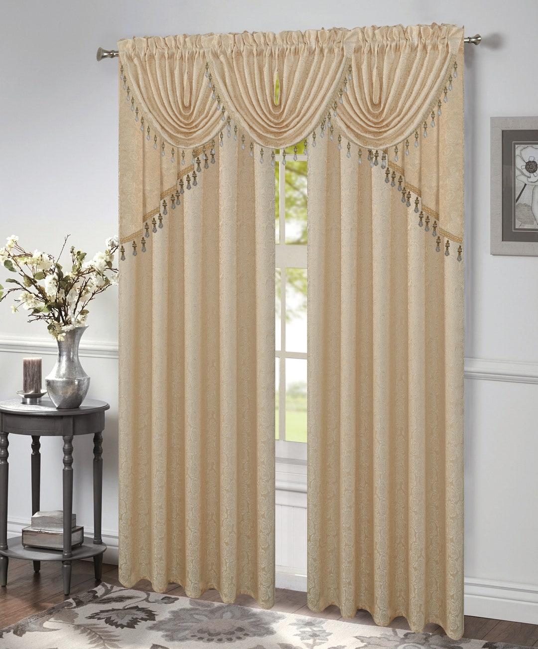 Angelina Damask 7 Piece Curtain, Beaded Austrian Valances and Swag Set ...