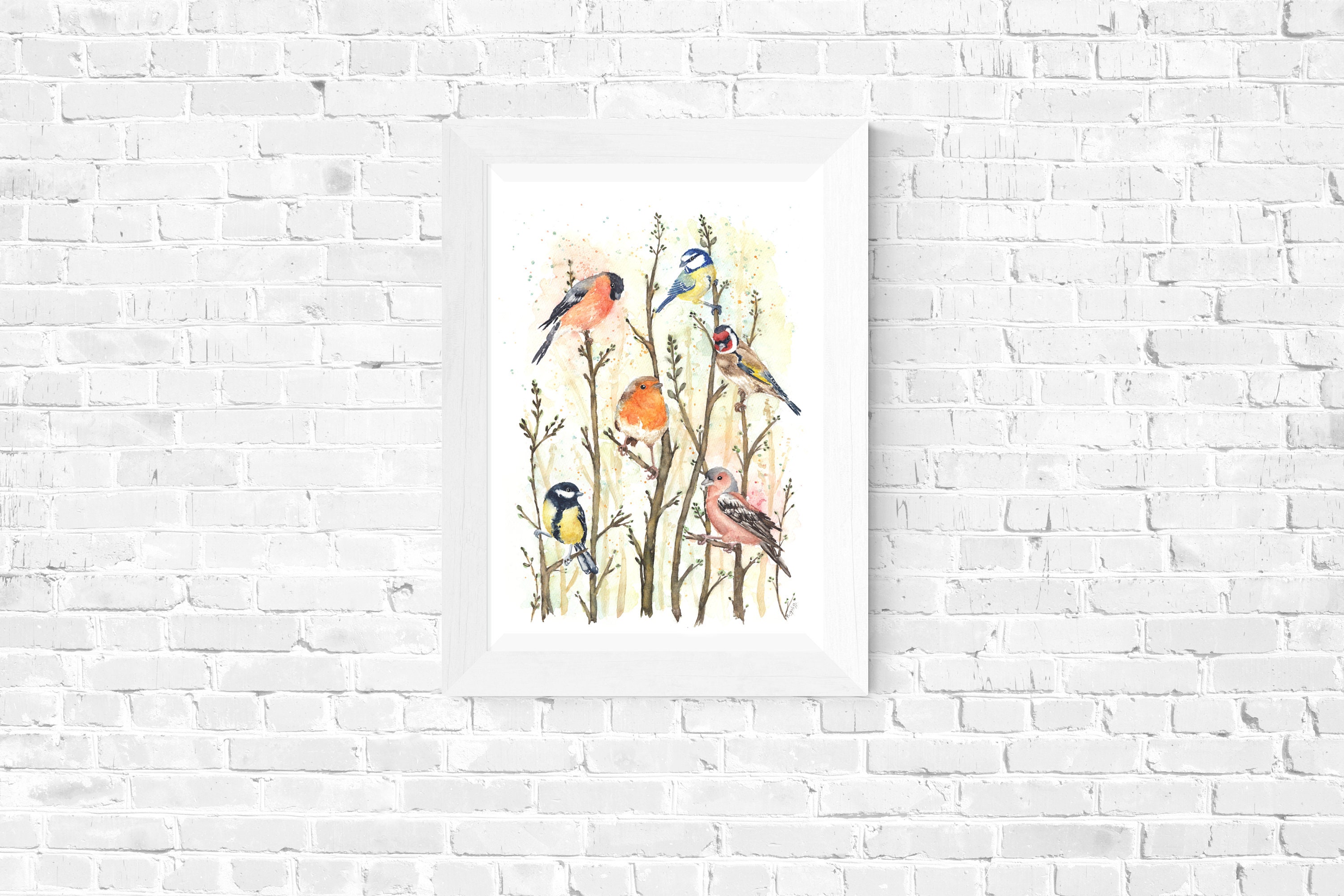 British Garden Birds on Branches Art Print, Bird Watercolour Wall Art ...