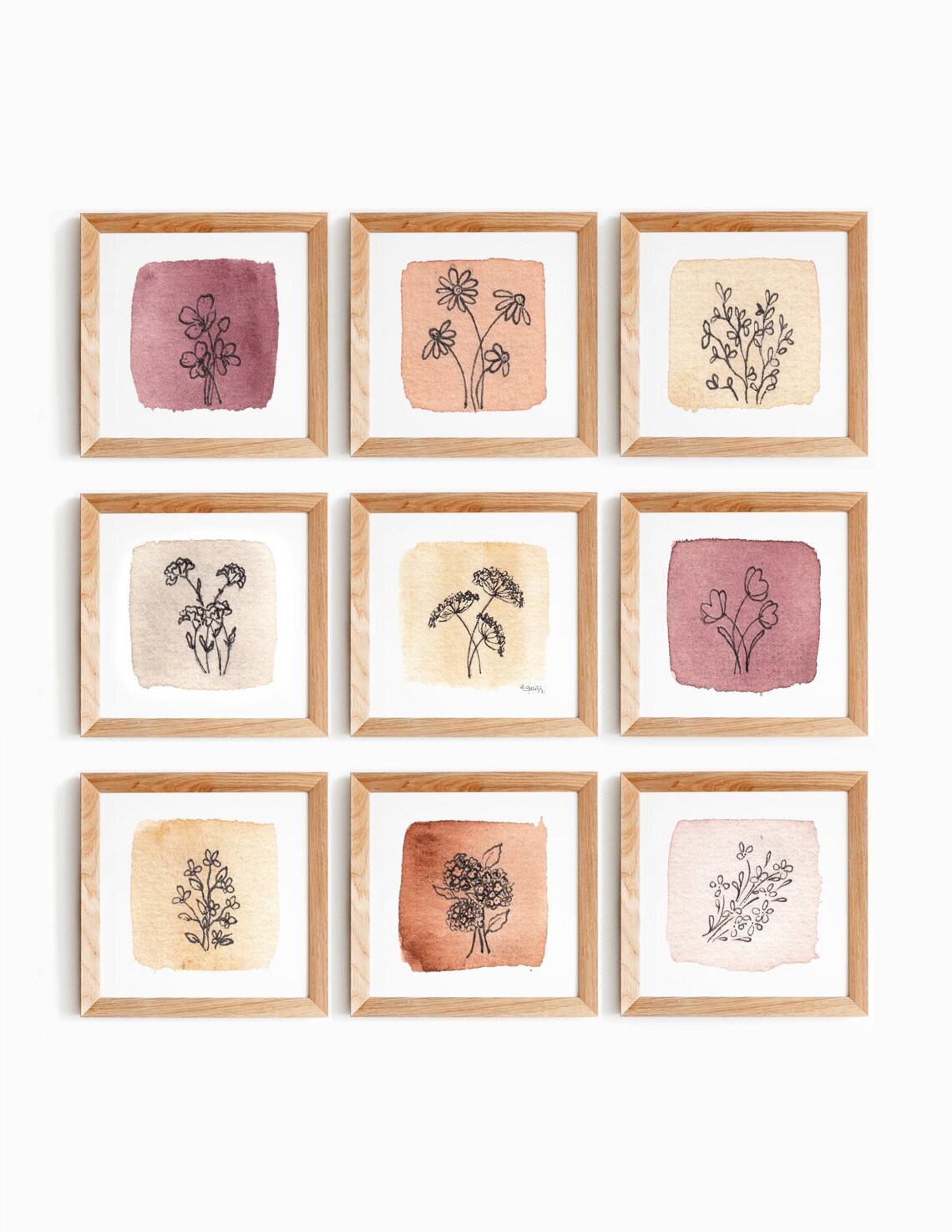 Set of 9 Botanical Art Prints - Minimalist Floral Prints, Small Square ...