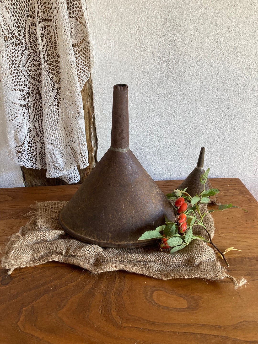 Antique Rustic Large Oval Metal Funnel With Inner Strainer, Early 1900 ...