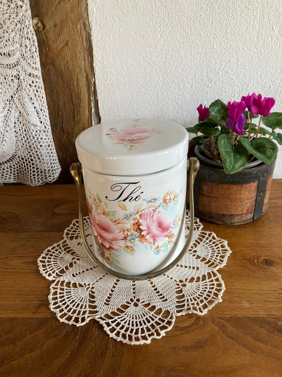 Vintage Large Retro Ceramic Tea Caddy With Brass Handle, French Tea ...