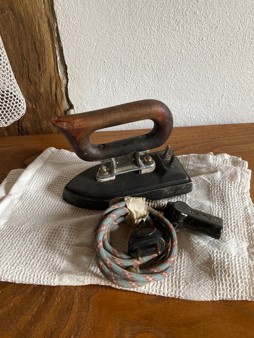 Antique French Primitive Iron, Hand Iron With Wooden Handle, Power ...