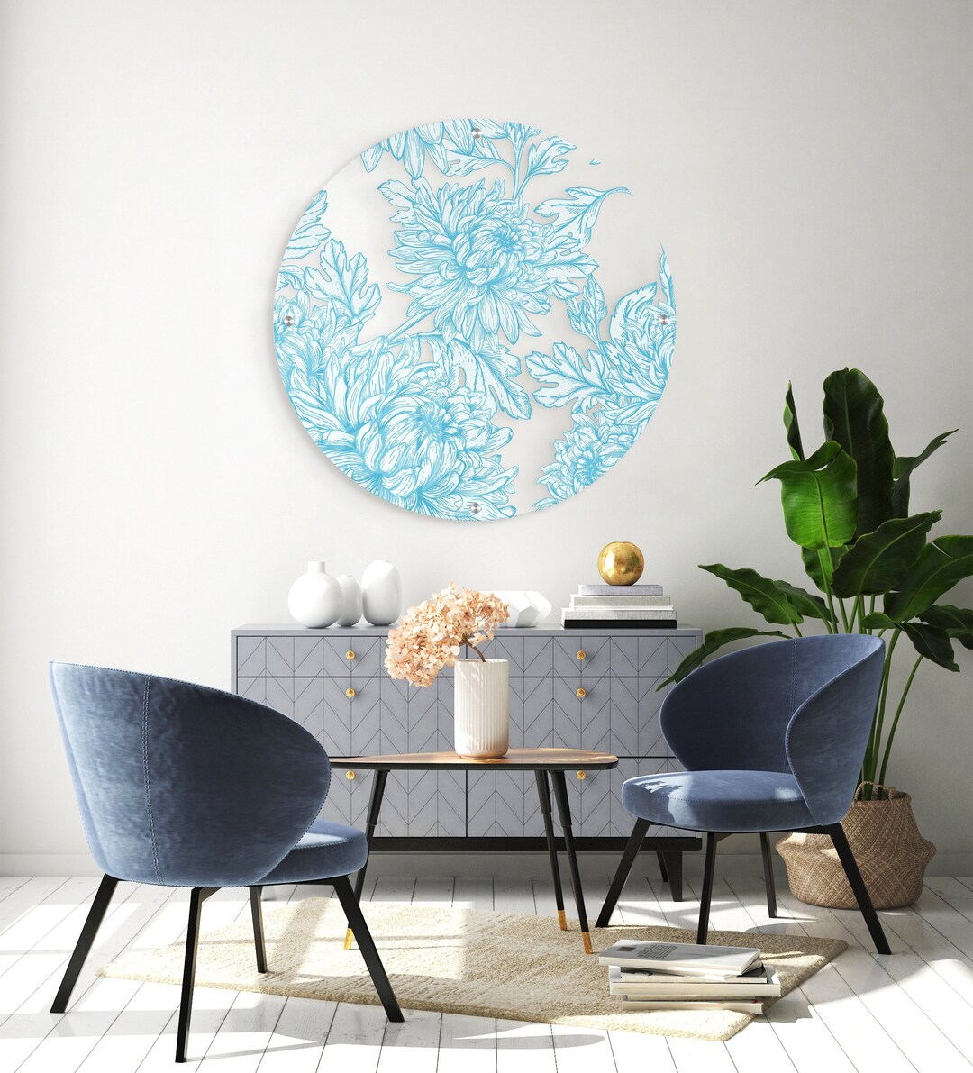 Blue Asters Pattern Acrylic Circle Print - Modern Transparent Wall Art ...