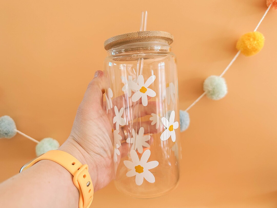 White Daisies Iced Coffee Glass to Go Coffee Tumbler With Bamboo Lid ...