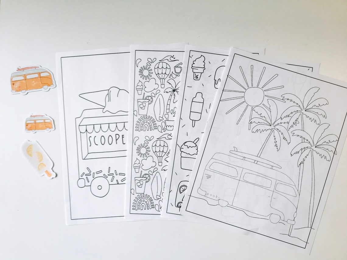 Beach Themed Printable Coloring Sheets for Kids / Hippy Van | Etsy