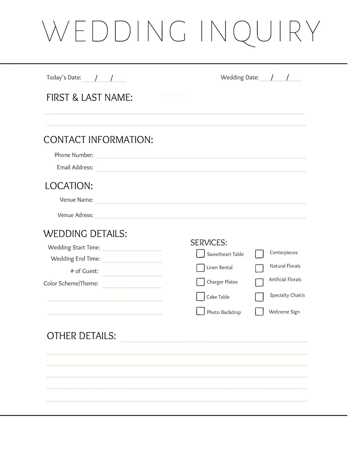 Simple Wedding Inquiry Form for Event Decorators and Planners - Etsy
