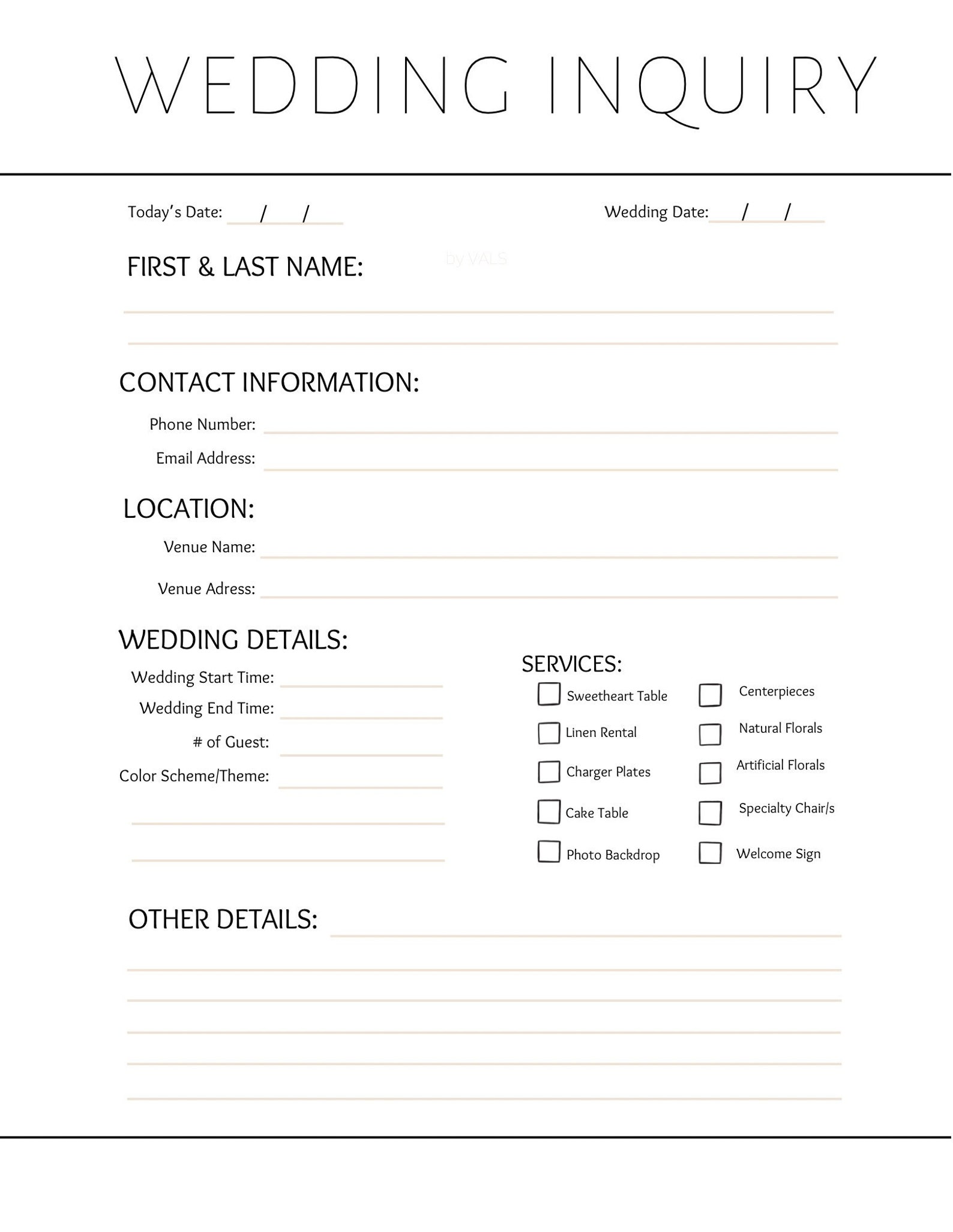 Simple Wedding Inquiry Form for Event Decorators and Planners - Etsy