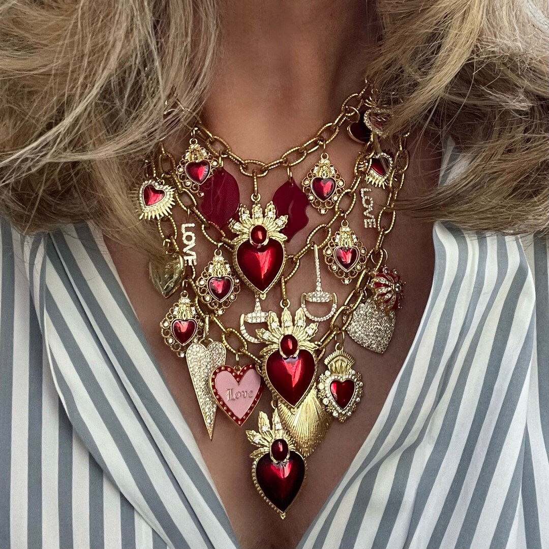 Moulin Rouge Heart Charm Necklace: Gold Plated Rhinestone Love Jewelry ...