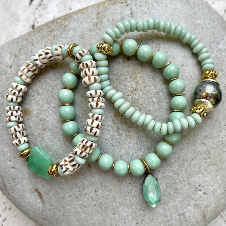 Thin Mint//beaded Bracelets in Mint Green Theme//mix of Glass Bone ...