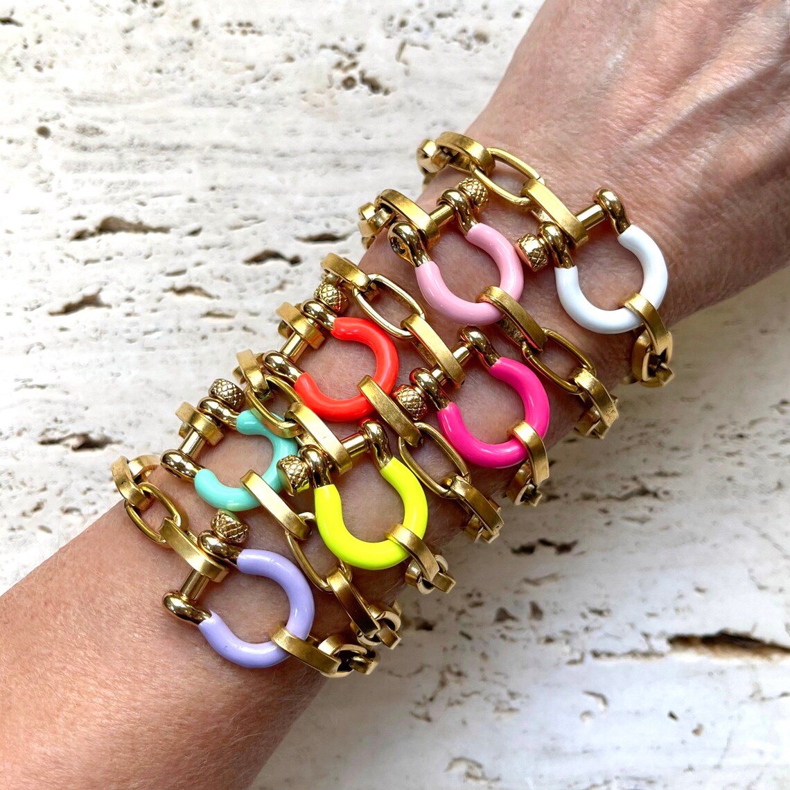 Electric Rainbow Bracelets//enamel Shackle Screw Clasp - Etsy