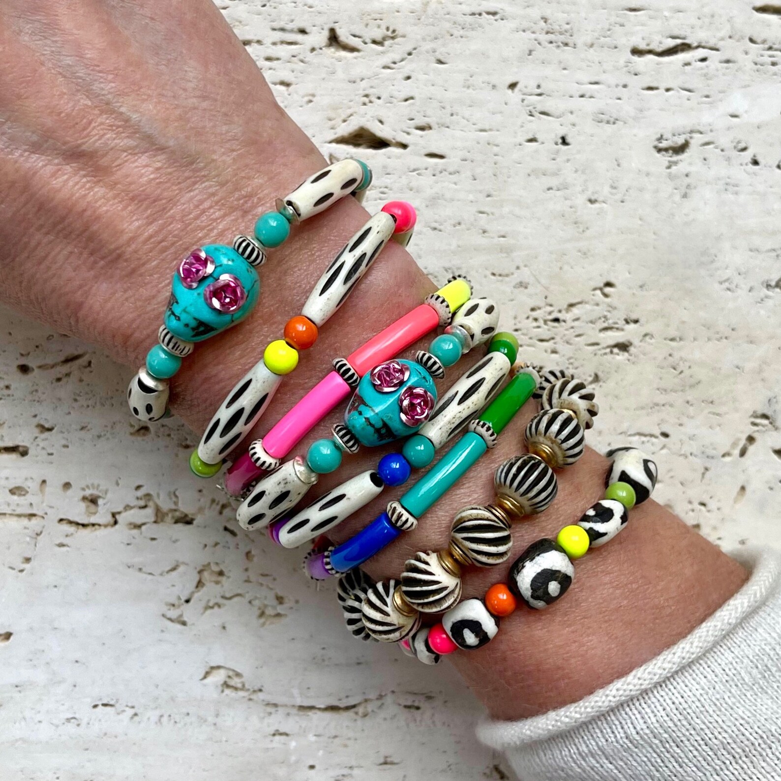 Color Wheel//beaded Bracelets Made With a Mix of Hand Carved Bone and ...