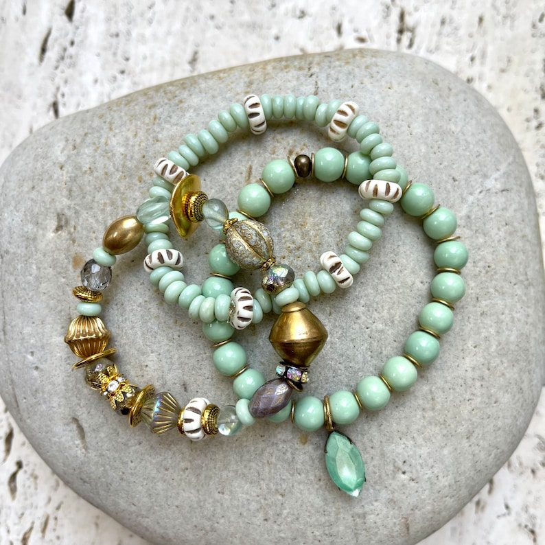 Thin Mint//beaded Bracelets in Mint Green Theme//mix of Glass Bone ...