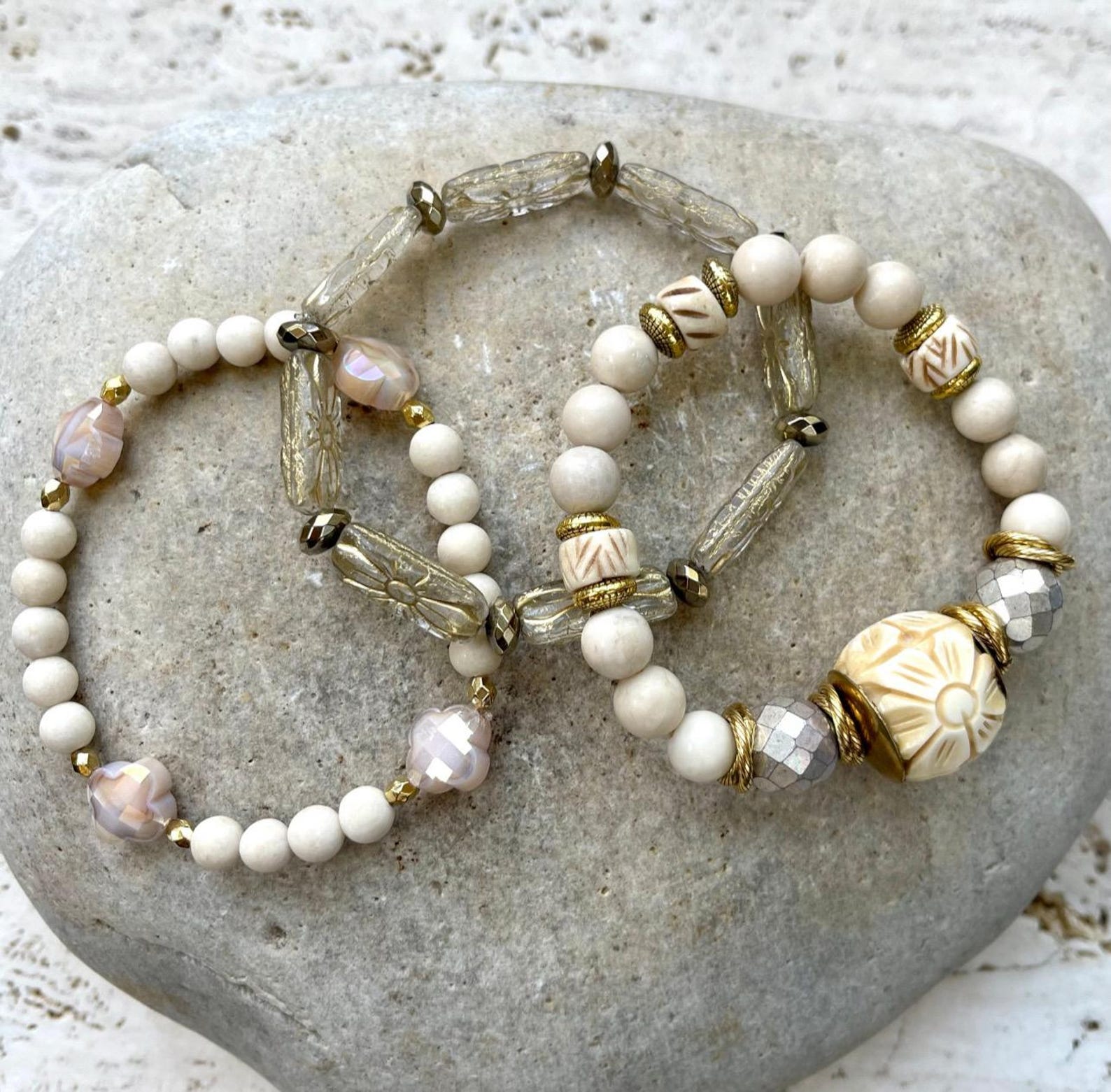 Athena//cream & Gold Beaded Bracelet, Czech Glass, African Beads - Each ...