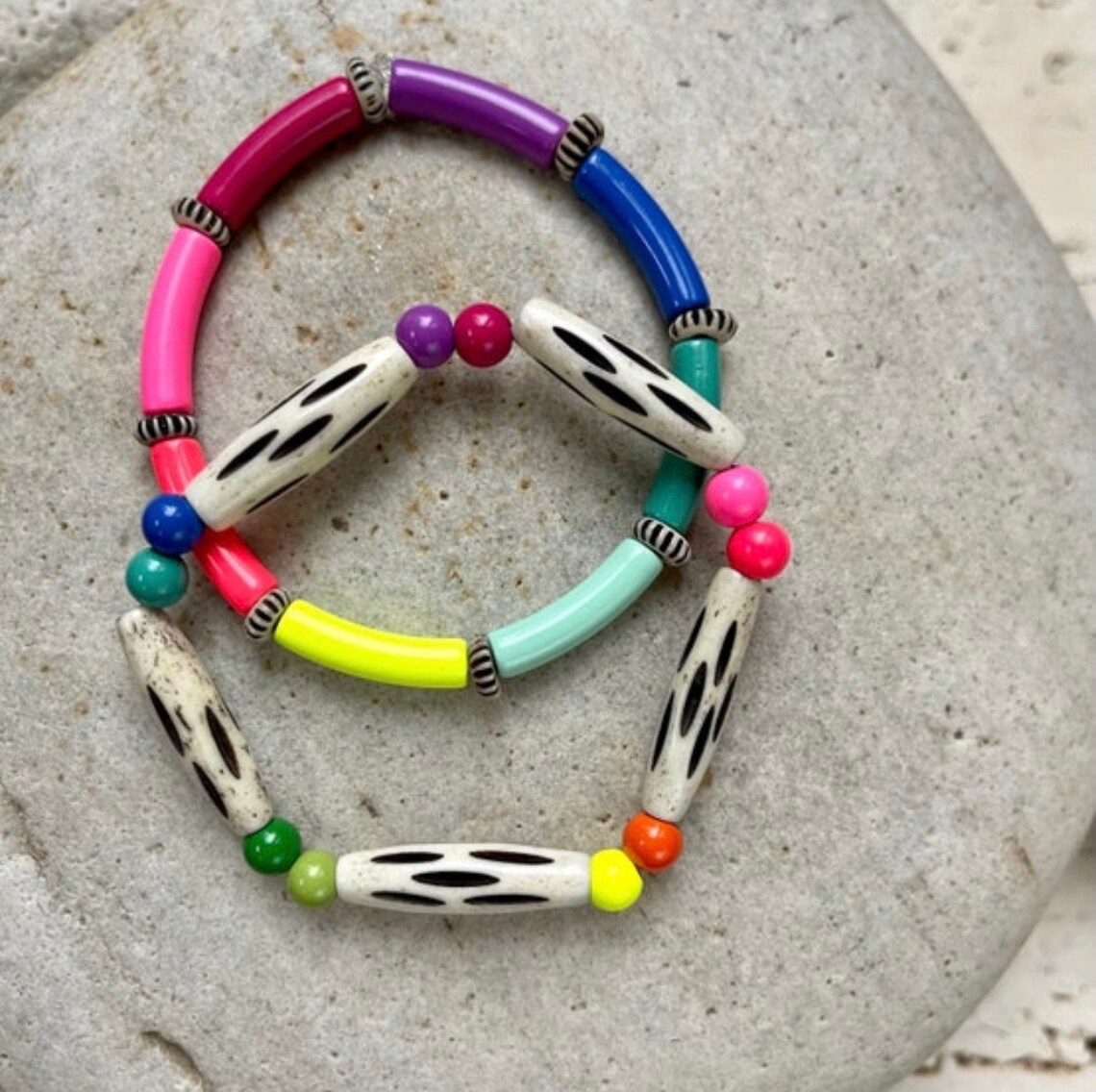 Color Wheel//beaded Bracelets Made With a Mix of Hand Carved Bone and ...
