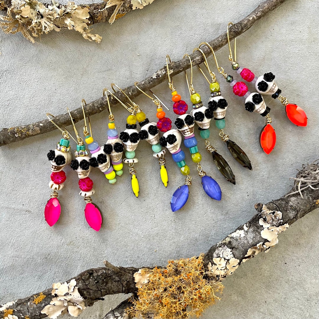 Trick or Treat//sugar Skull Beaded Dangle Earrings//french Wire Drop ...