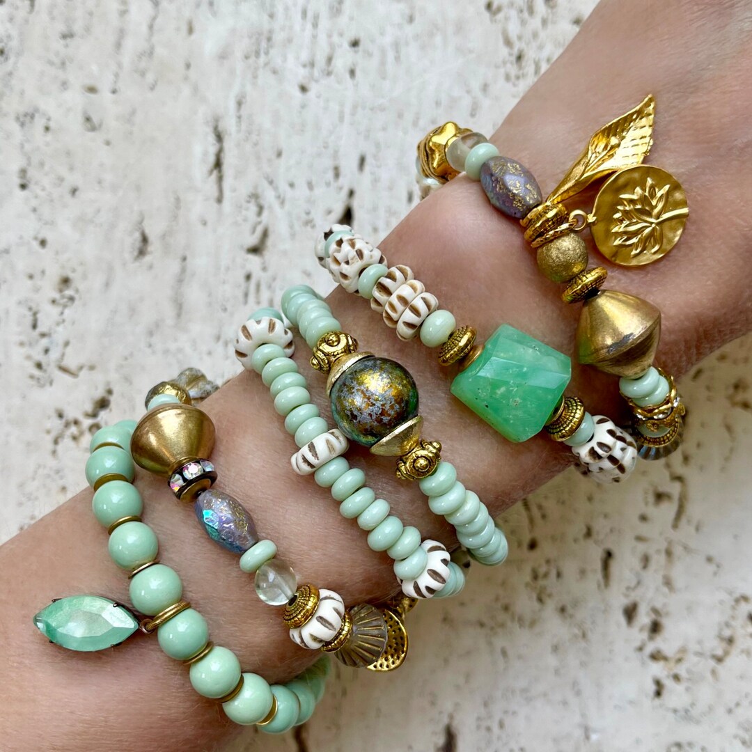 Thin Mint//beaded Bracelets in Mint Green Theme//mix of Glass Bone ...