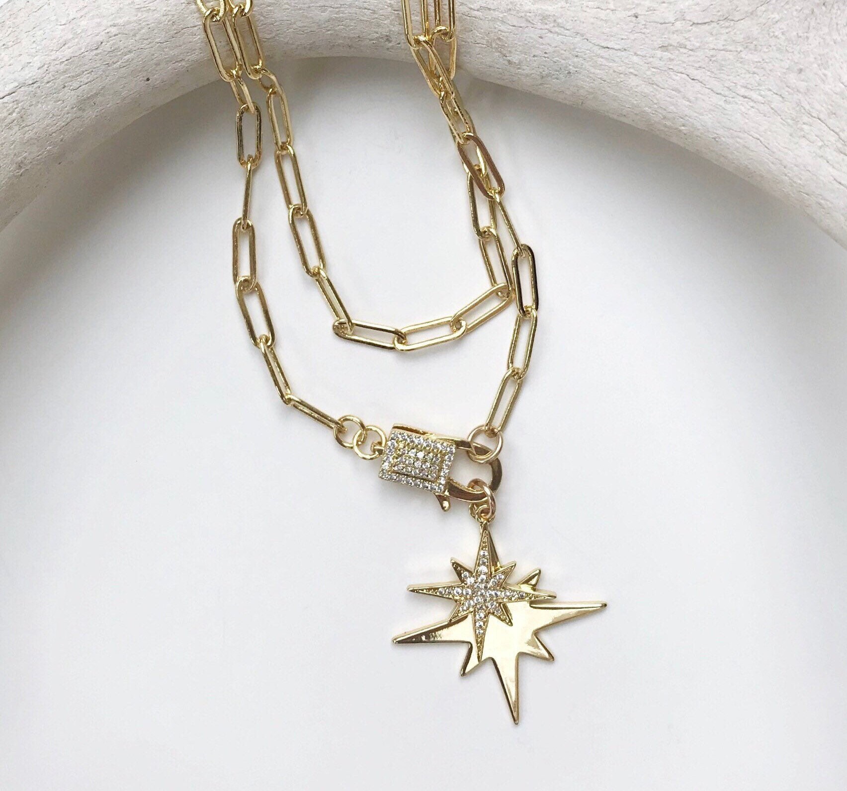 Starlight//double star charm necklace or cz Clover padlock | Etsy