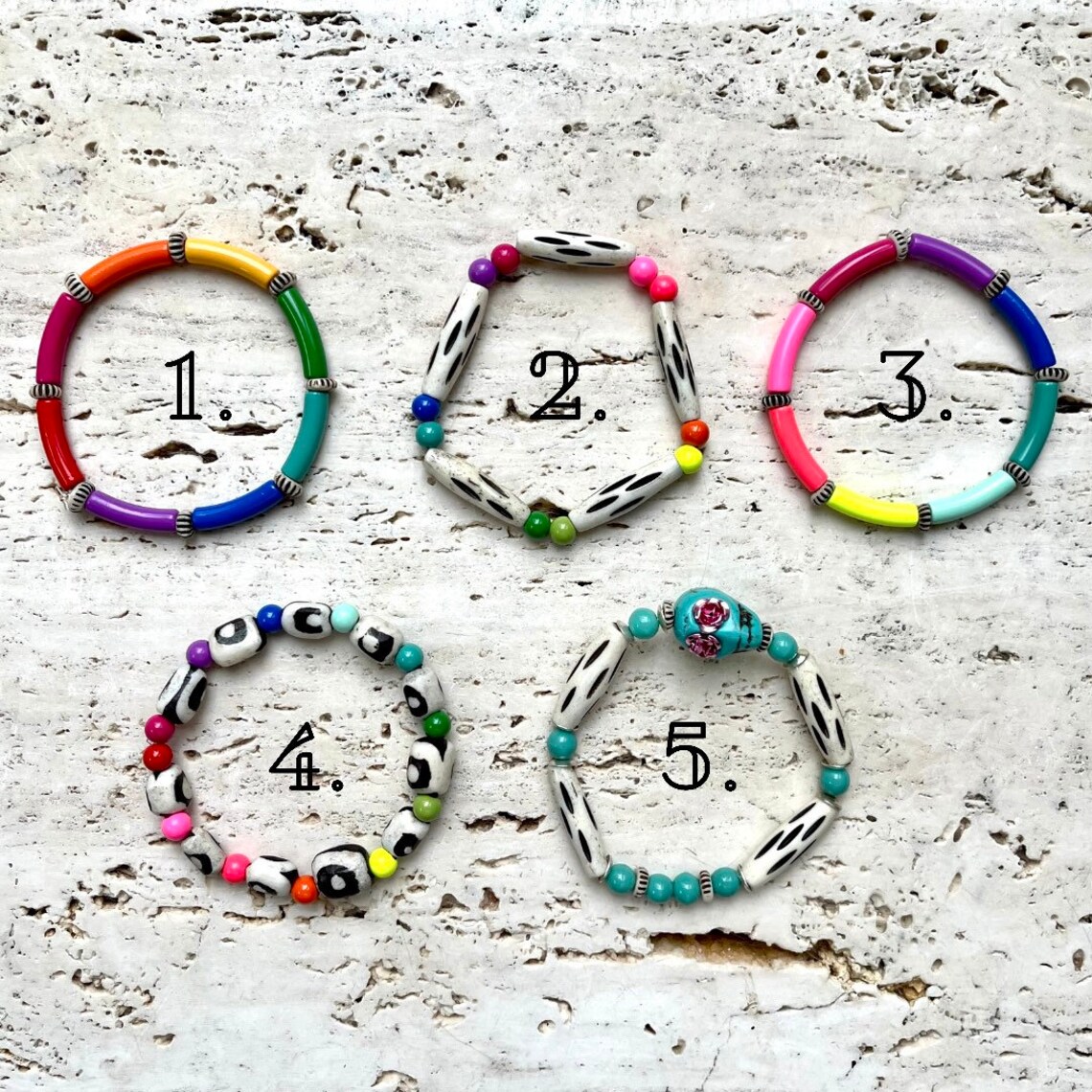 Color Wheel//beaded Bracelets Made With a Mix of Hand Carved Bone and ...