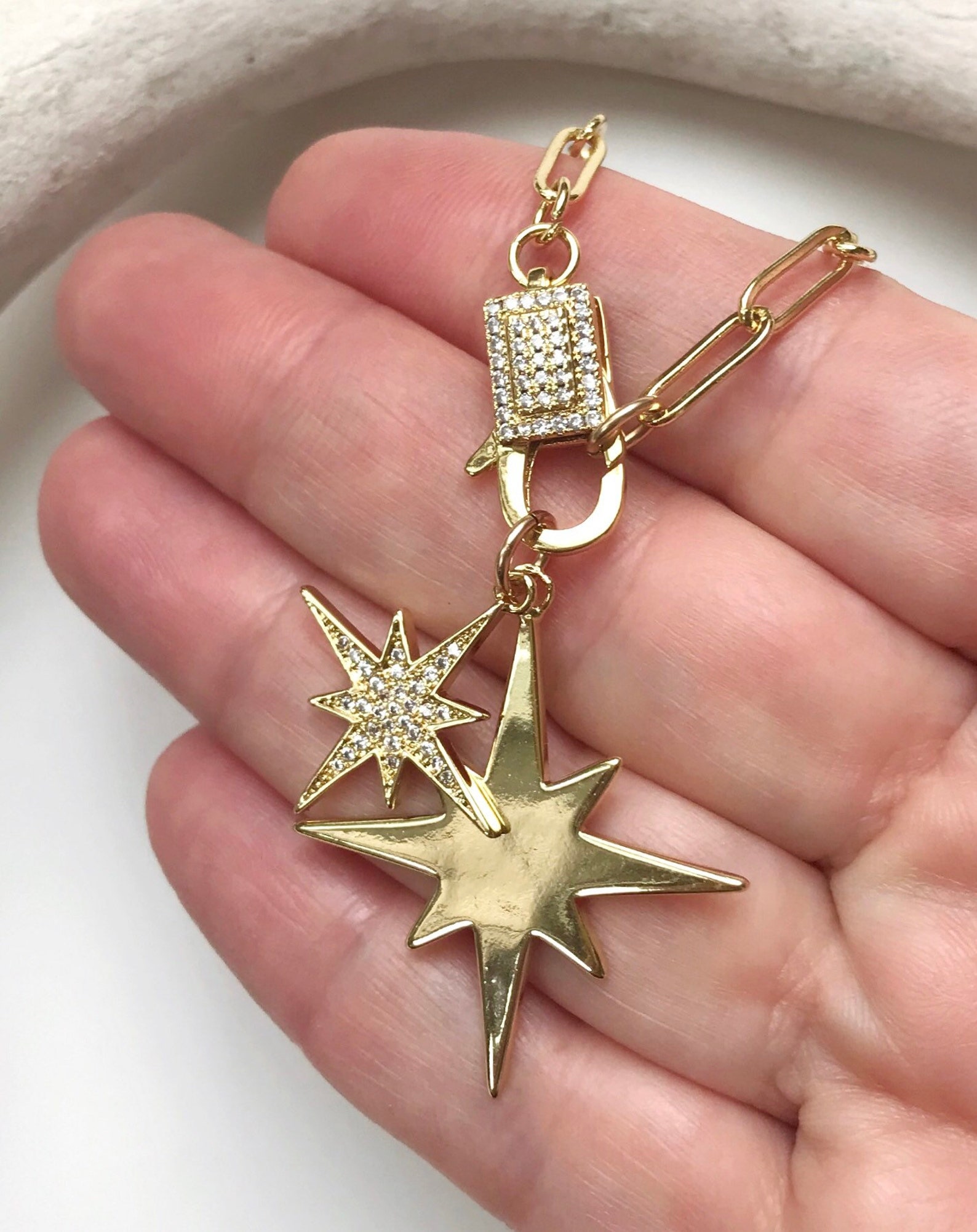 Starlight//double star charm necklace or cz Clover padlock | Etsy