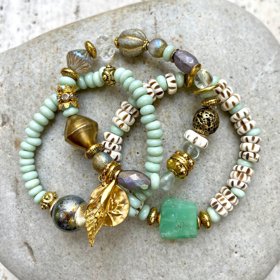 Thin Mint//beaded Bracelets in Mint Green Theme//mix of Glass Bone ...