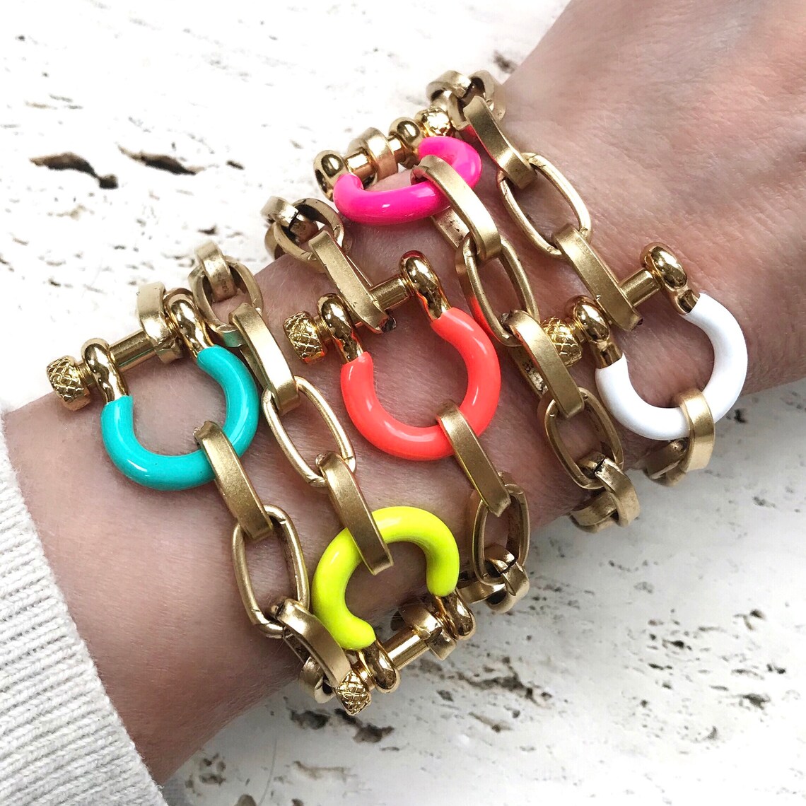 Electric Rainbow Bracelets//enamel Shackle Screw Clasp | Etsy